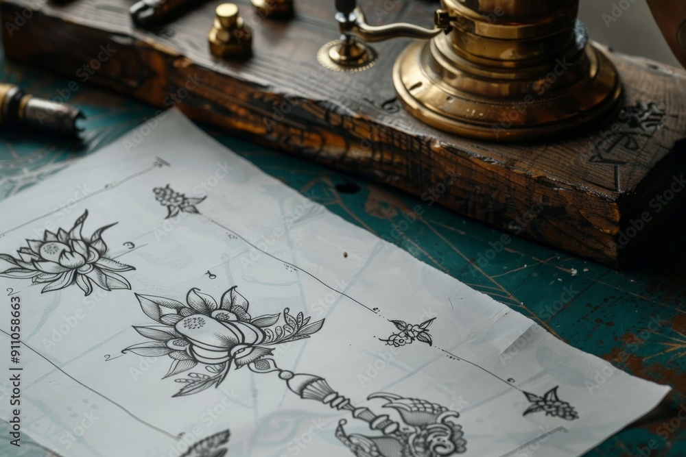 Detailed tattoo design sketches are laid out on tracing paper in a ...