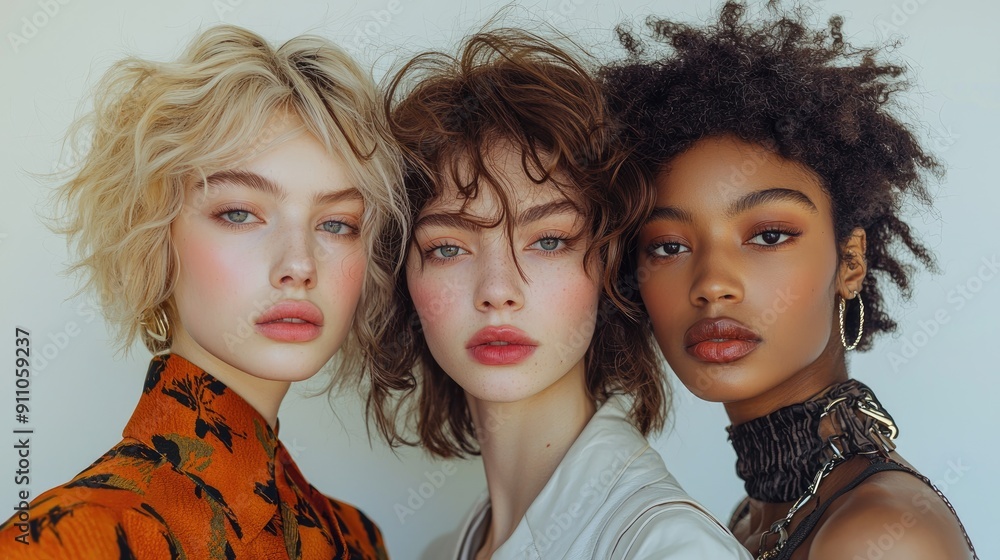 Three beautful fashion models of different races with natural makeup on ...
