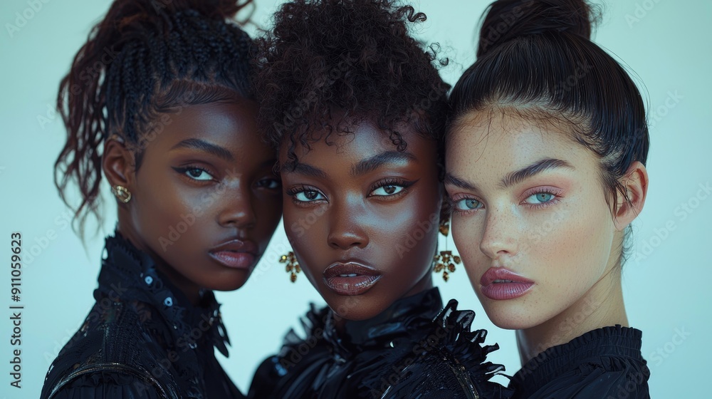 Three beautful fashion models of different races with natural makeup on ...