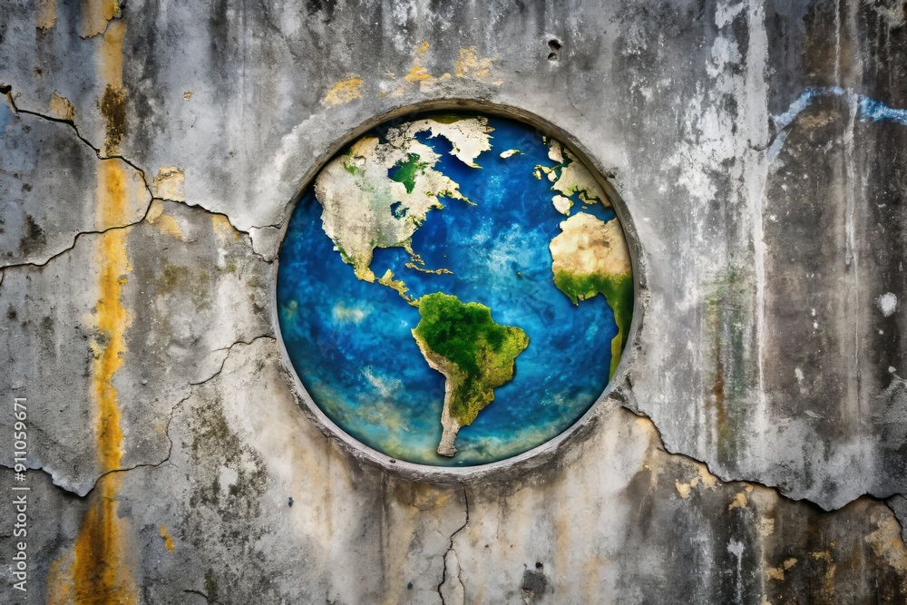 A weathered, concrete wall showcases a distressed, textured circle ...