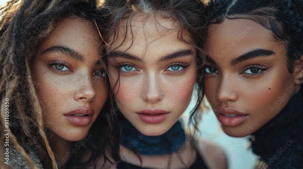 Three beautful fashion models of different races with natural makeup on ...