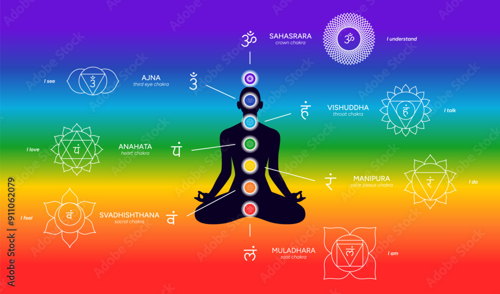 Chakras infographic, names, titles, line art symbol icons. Silhouette of a human body in a lotus ...