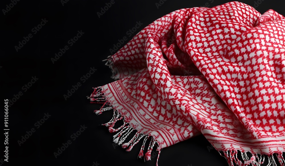 Close up of a red and white keffiyeh scarf on a black background with ...