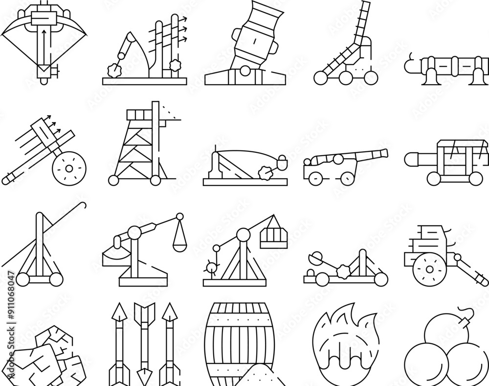 Siege Engine Catapult Collection Icons Set Vector. Ancient Weapon And ...
