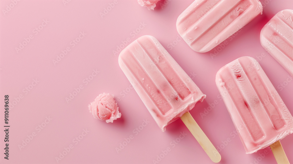 Pink ice cream bars on a stick with scoops of ice cream on a pastel ...