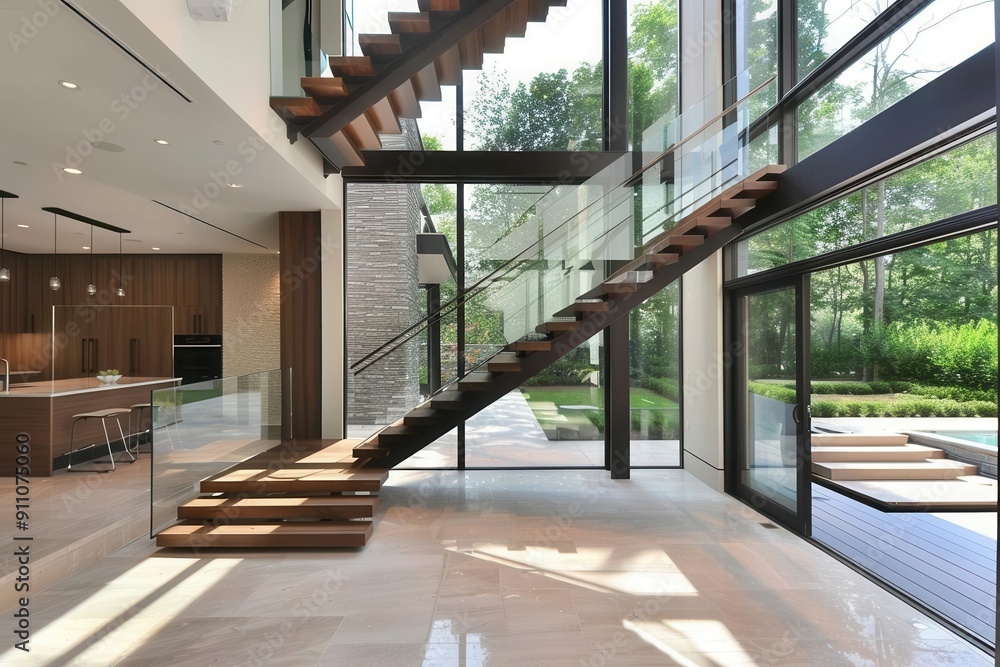 contemporary atrium featuring sleek glass balustrades and floating ...