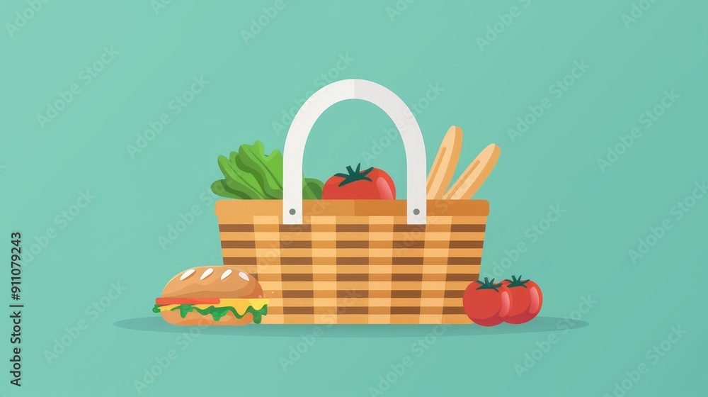 2D vector illustration of a picnic basket with food, minimalist and ...