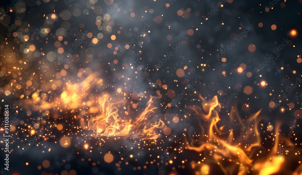 glowing fire particles, sparks in the air on black background, glowing ...