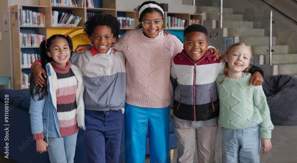 Education, kids and smile in library for portrait, support and ...