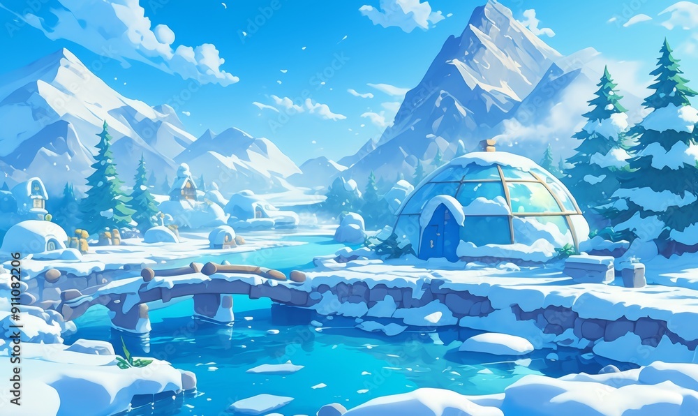 Illustration: The Eskimo Igloo Town. The Bridge, The Ice River, The Ice ...