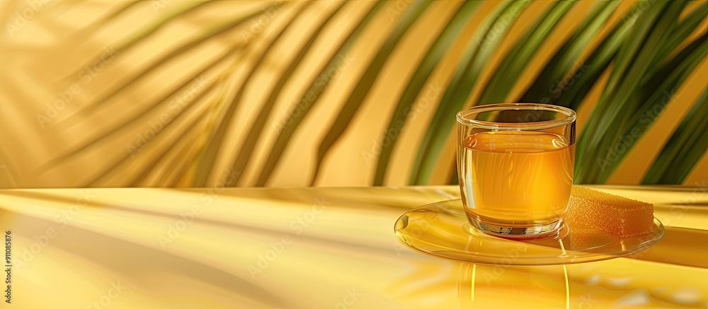 Date palm juice and liquid jaggery on yellow background for copy space ...