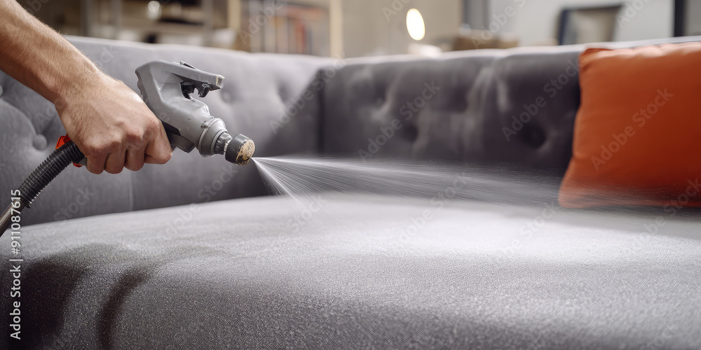 Worker's hand sprays the sofa with a high-pressure sprayer. Specialized ...