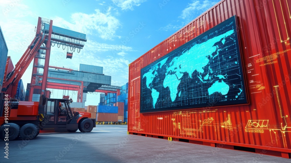 Digital screen on a red cargo container, displaying a global map and ...