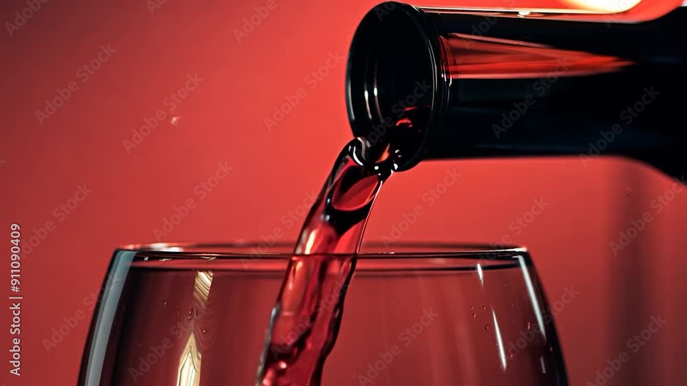 A dark bottle tilts as deep red wine flows gracefully into a clear ...