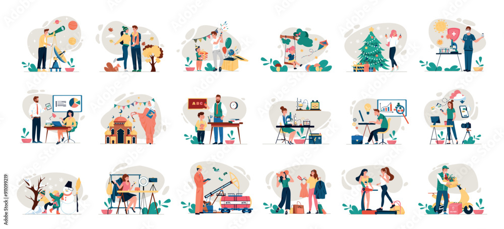Mega set of simple color concepts with people scene in flat cartoon ...