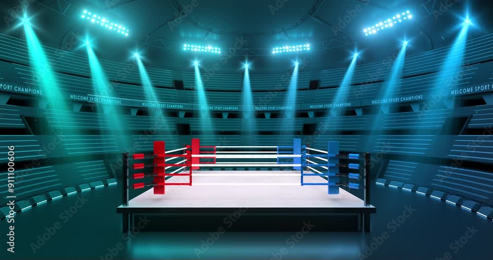 Boxing ring inside of arena at night with shining spotlights and ...
