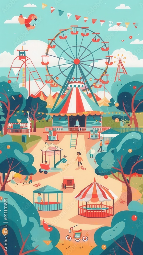 9 United States state fair flat design bird's-eye view fairground theme ...