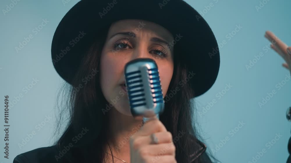 A singer in a black hat and black leather jacket holds a vintage ...