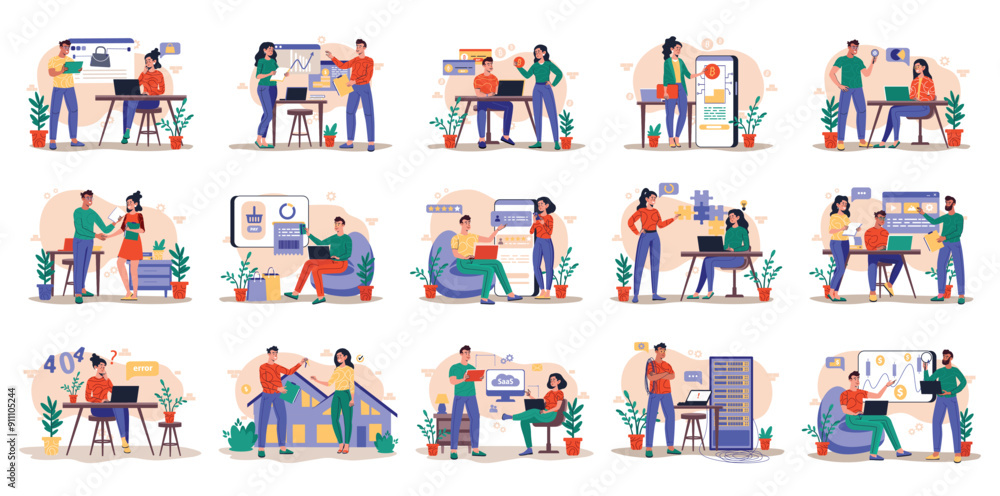 Bundle of different concepts with people scene in flat cartoon design ...