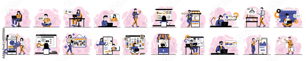 Mega set of linear color concepts with people scene in flat cartoon ...