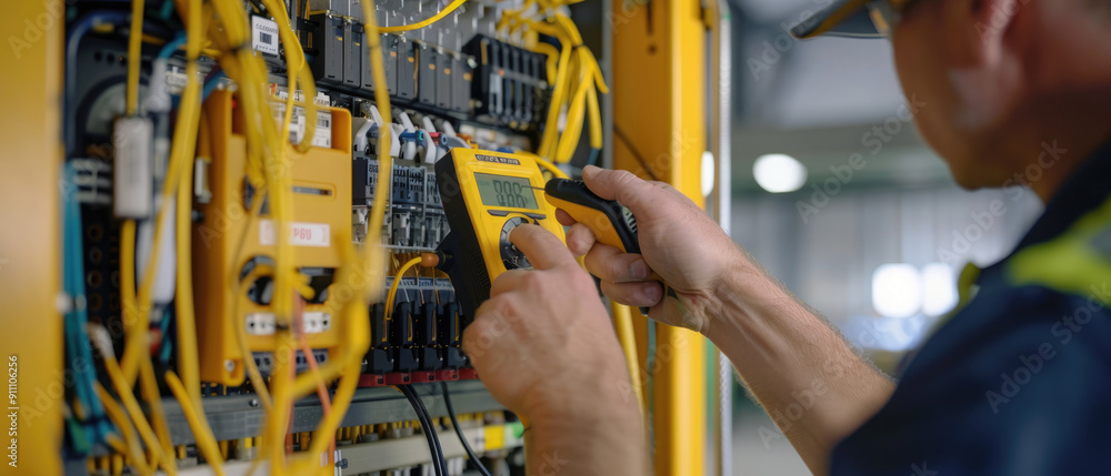 An electrician using a digital multimeter on wires in an electrical ...
