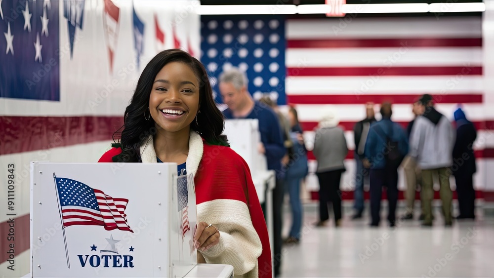 A delightful photograph of a young, happy American woman in a voting ...
