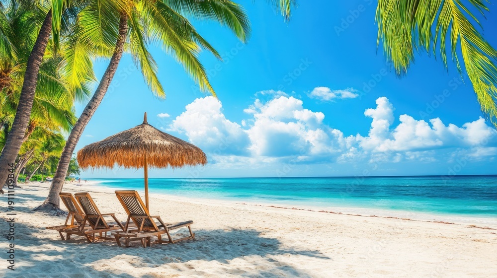 Idyllic tropical beach scene with chairs, an umbrella, and palm trees ...