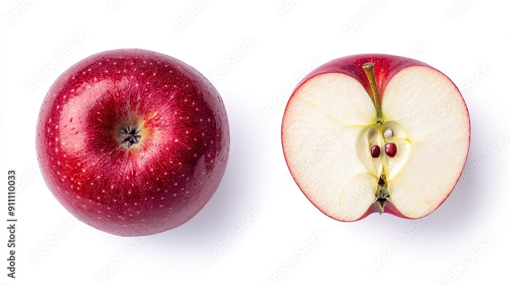 Isolated image of a red apple with a halved section, top view on a ...