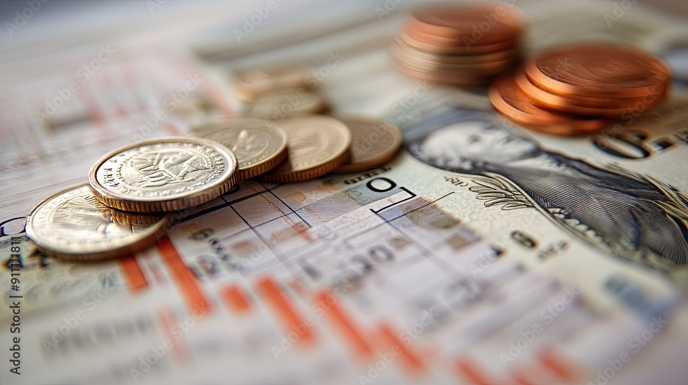 U.S. currency and coins displayed with a financial chart illustrating a ...
