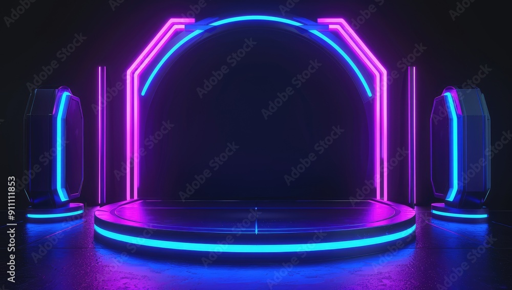 3D rendering of the background for an 80s arcade game, with neon lights ...