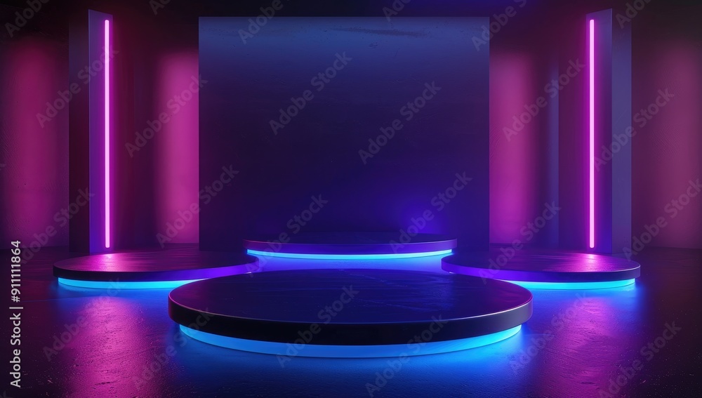3D rendering of the background for an 80s arcade game, with neon lights ...