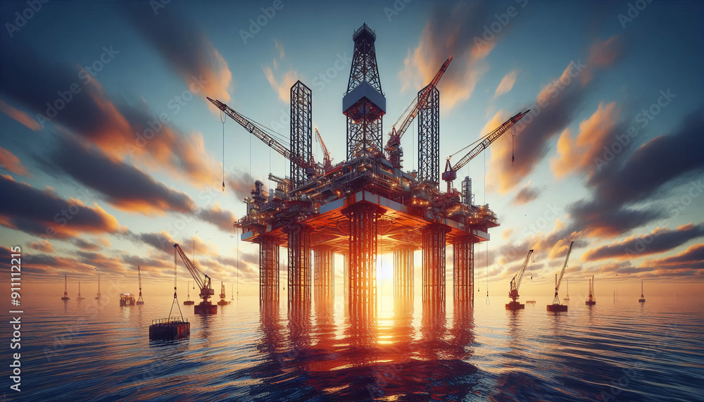 Jack-up Rig. High-detail illustration of a jack-up oil rig at sea, with ...
