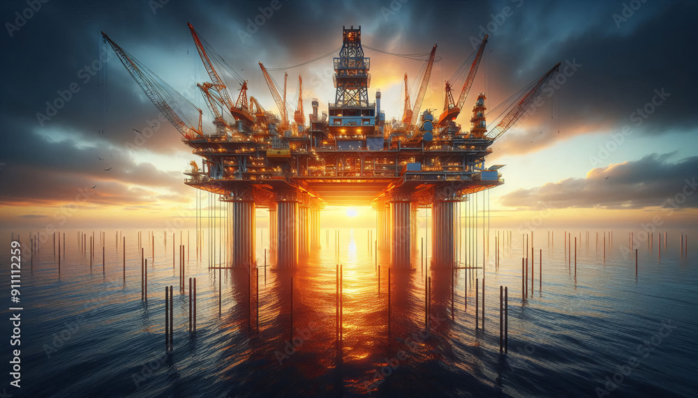 Jack-up Rig. High-detail illustration of a jack-up oil rig at sea, with ...