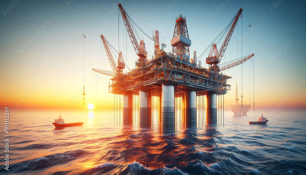 Jack-up Rig. High-detail illustration of a jack-up oil rig at sea, with ...