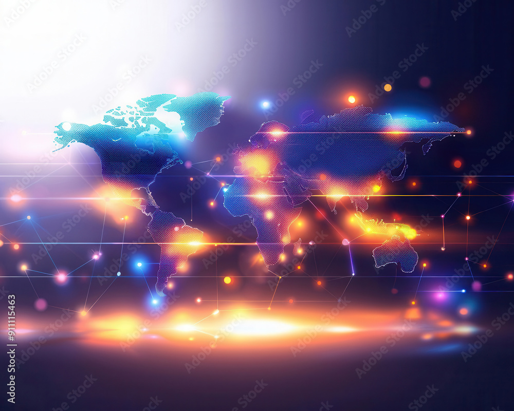 Digital world map with economic data and financial icons, modern and ...