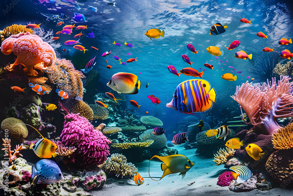 The vibrant world of tropical sea underwater fishes on a coral reef ...