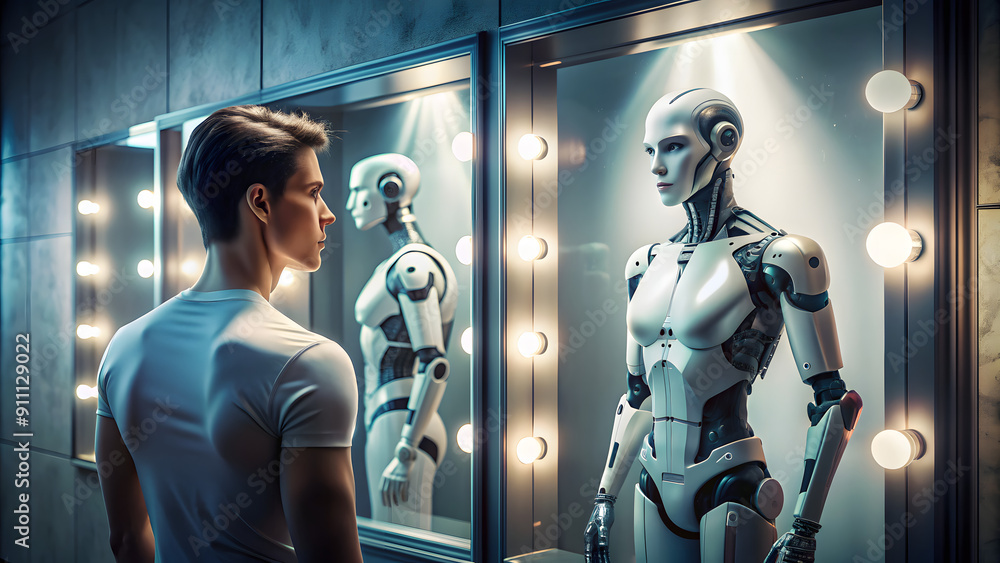 A person looking into a mirror, but their reflection is a robotic or ...