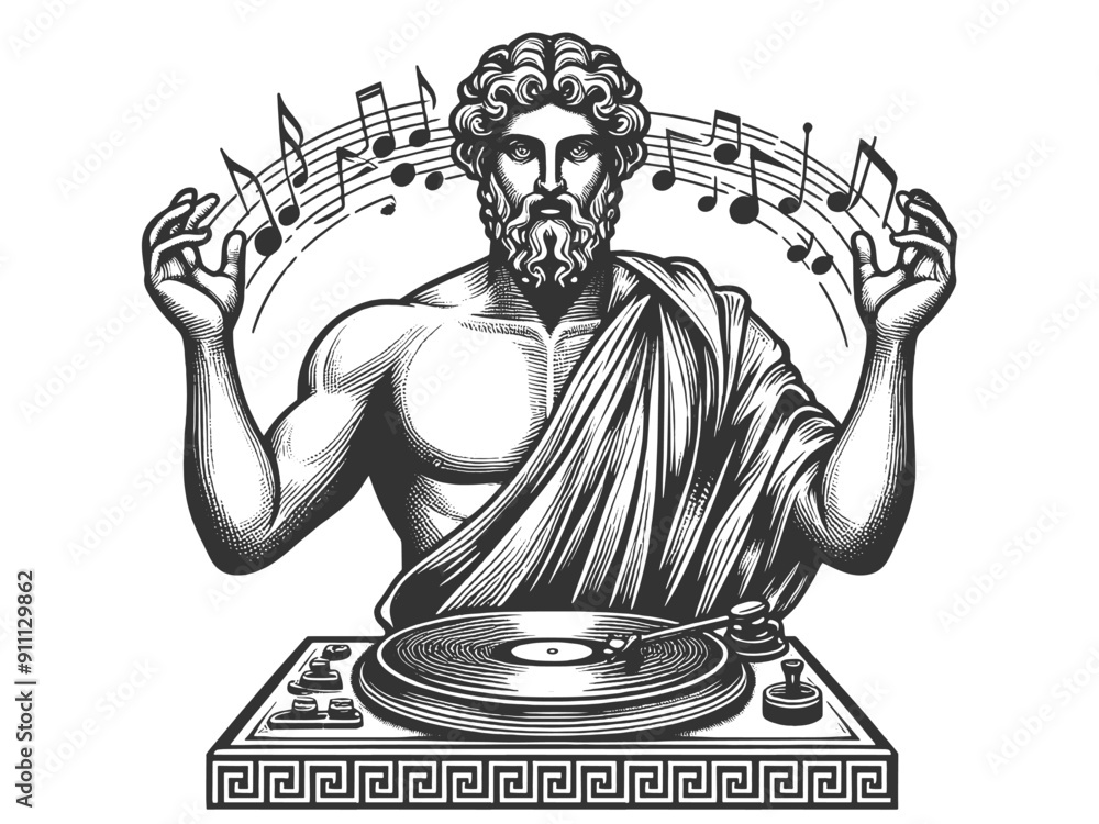 ancient Greek god portrayed as a modern DJ, mixing music on a turntable ...