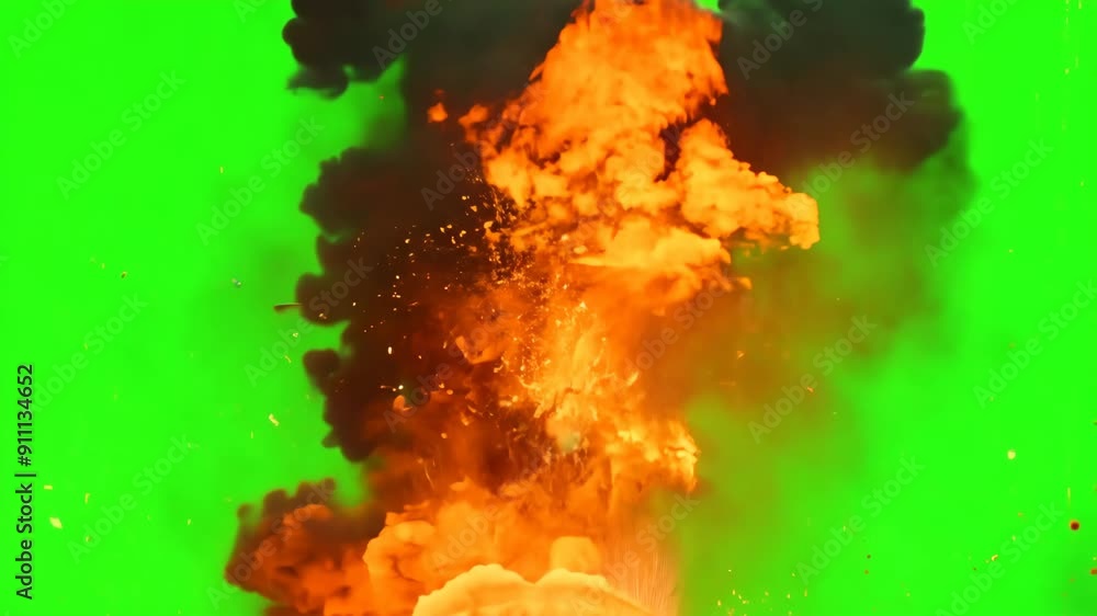 Motion animation of atomic bomb explosion on green screen background. Nuclear fire mushroom ...