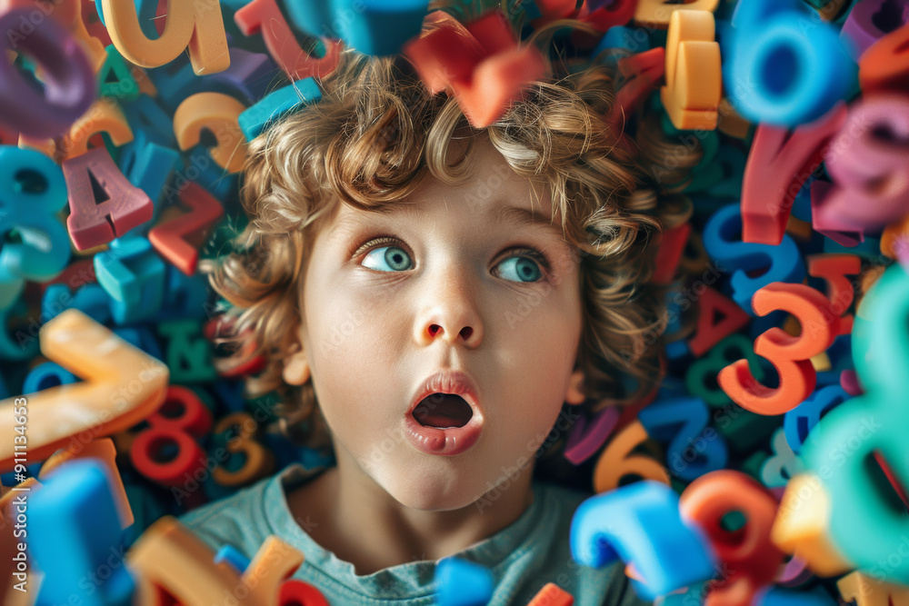 Little kid and many numbers around. Child has reading and calculating ...