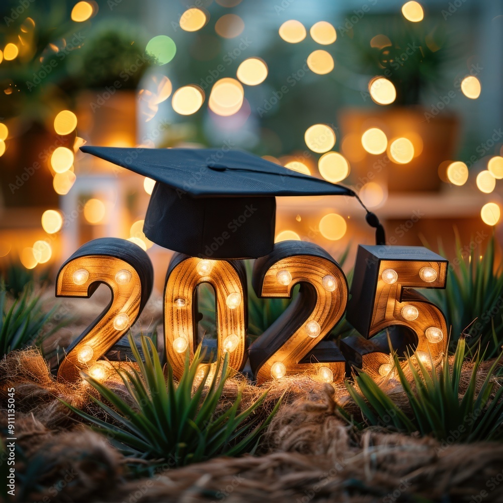 Class of 2025 Graduation Concept with Cap and Bokeh Lights Stock Photo ...