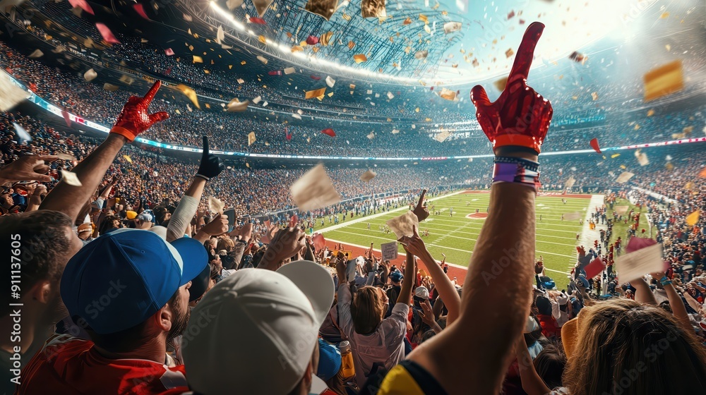 Fans in packed stadium shouting in excitement and celebration, confetti ...