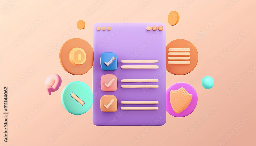 3D illustration of a colorful checklist interface with icons on a peach ...