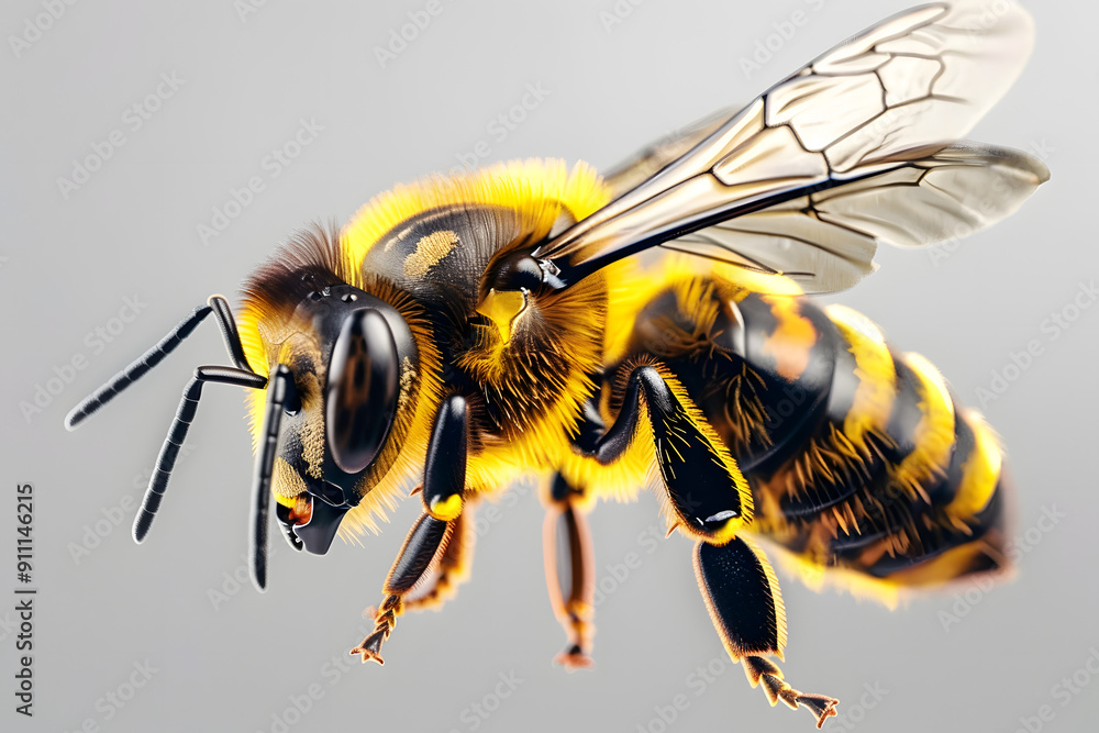 Magnificent honey bee with yellow and black stripes walks alone, its ...