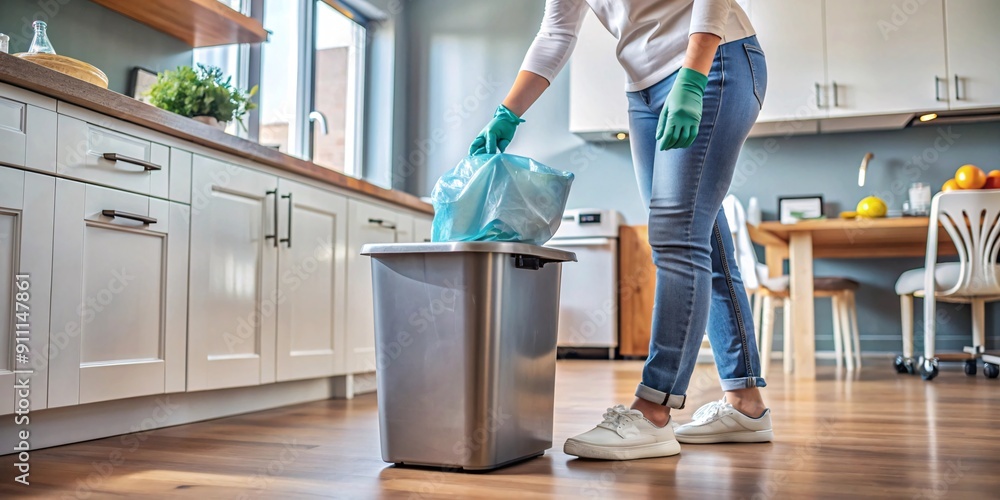 Woman Disposing Kitchen Waste in a Modern Home. A woman in casual ...