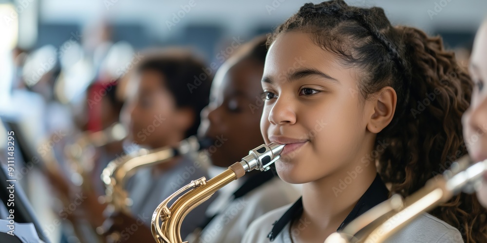 A group of children are playing instruments, including a young girl ...