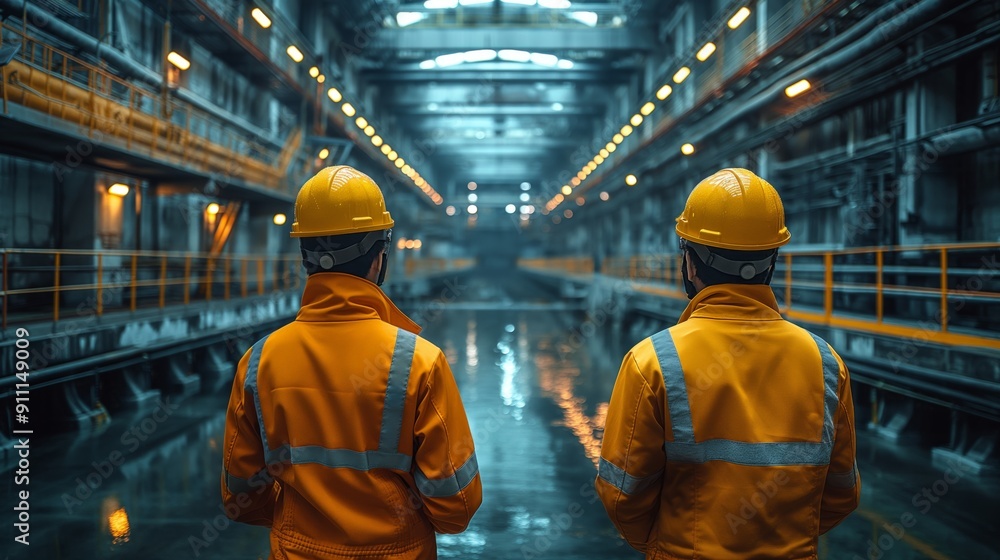 Engineers Monitoring Dam Operations. Two engineers in orange jackets ...