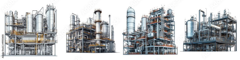 set of A chemical processing facility with tanks and intricate piping ...