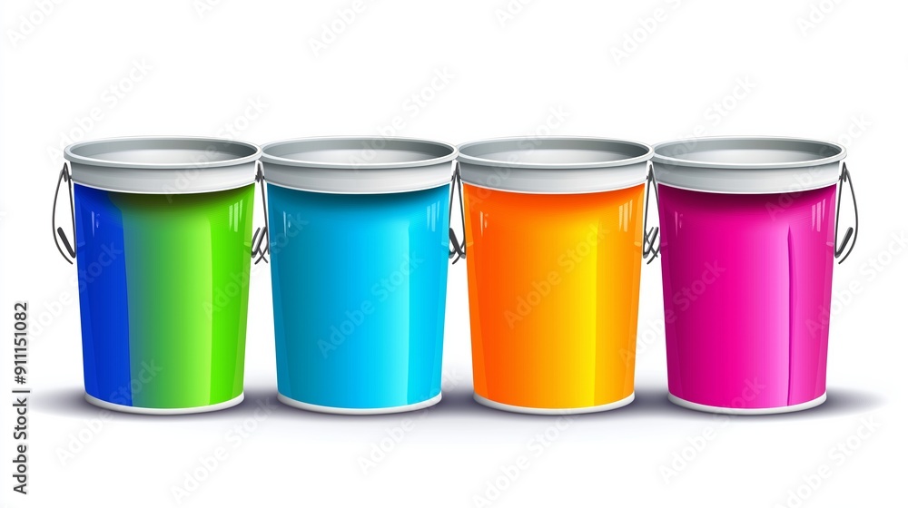 Four buckets of paint in a row, each with a different color. The colors ...