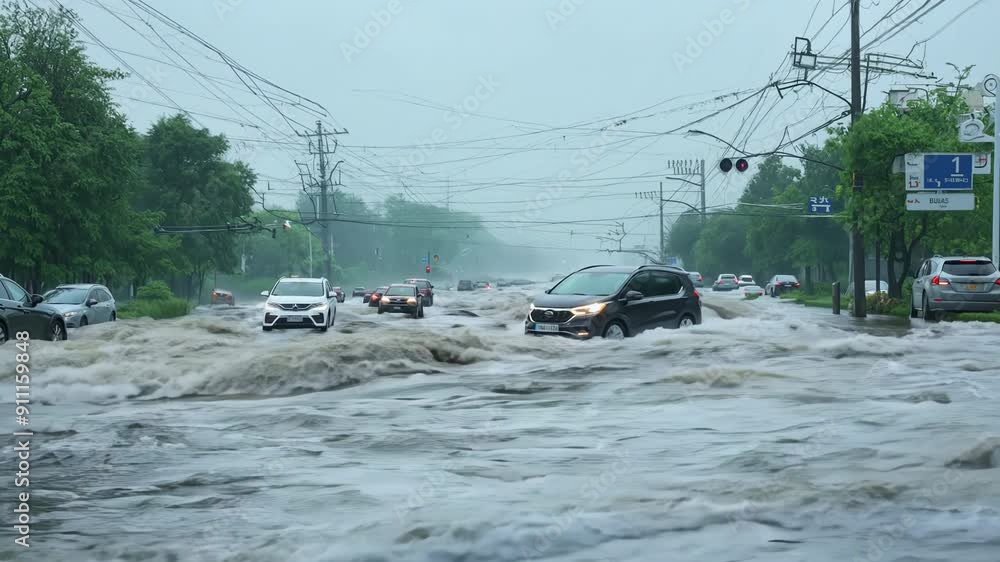 Cars driving through flooded street during heavy rainstorm. Vehicles ...